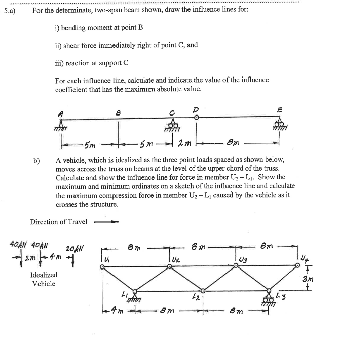 Solved 5.a) ﻿For the determinate, two-span beam shown, draw | Chegg.com