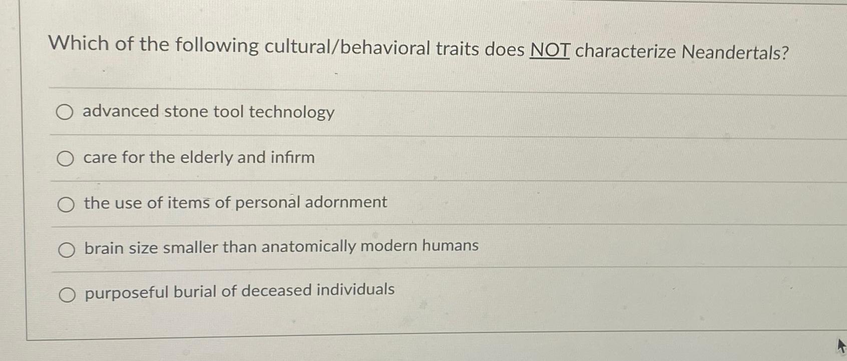 Solved Which of the following cultural/behavioral traits | Chegg.com