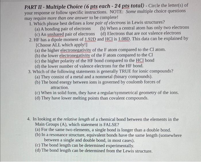 Solved PART II - Multiple Choice ( 6 pts each - 24 pts | Chegg.com