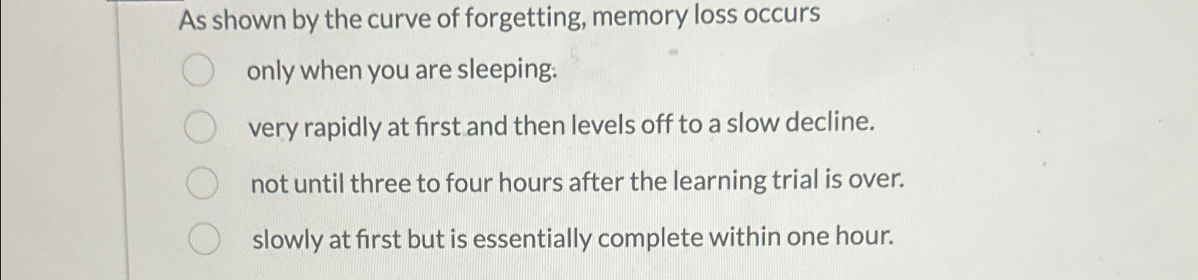 Solved As shown by the curve of forgetting, memory loss | Chegg.com
