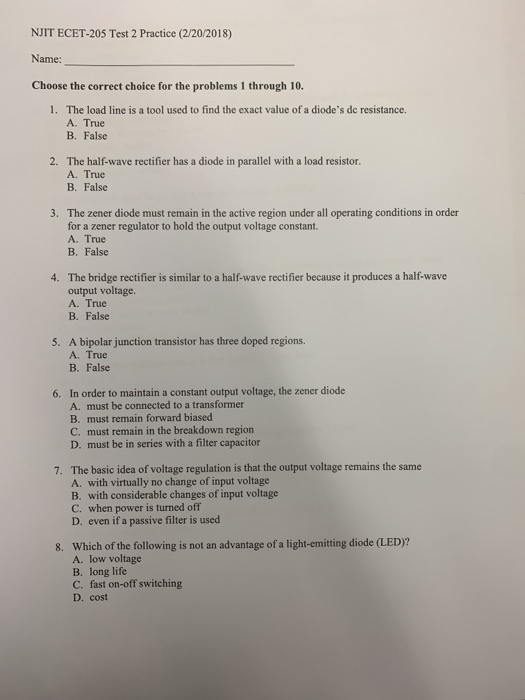 Solved NJIT ECET-205 Test 2 Practice (2/20/2018) Name: | Chegg.com