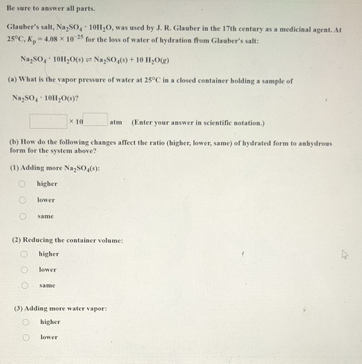 Solved Be sure to answer all parts. Glauber's salt, Na2SO4 | Chegg.com