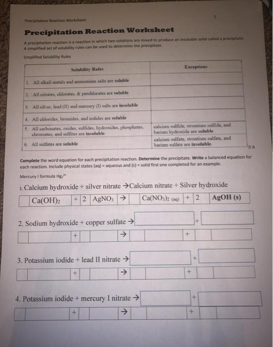 Solved Precipitation Reaction Worksheet Precipitation | Chegg.com