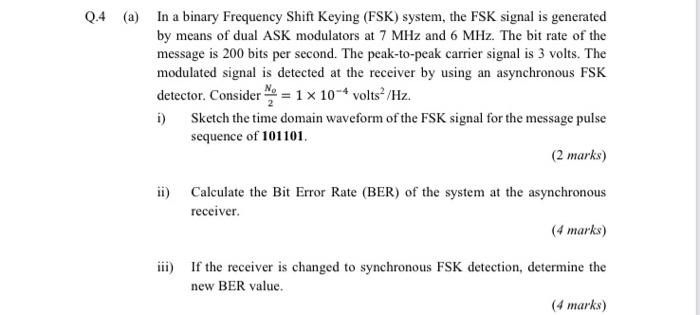 Solved Q.4 (a) In a binary Frequency Shift Keying (FSK) | Chegg.com