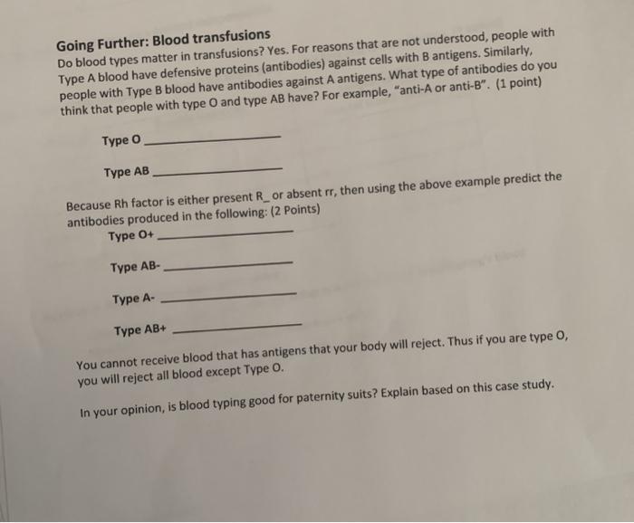 Solved Going Further: Blood transfusions Do blood types | Chegg.com