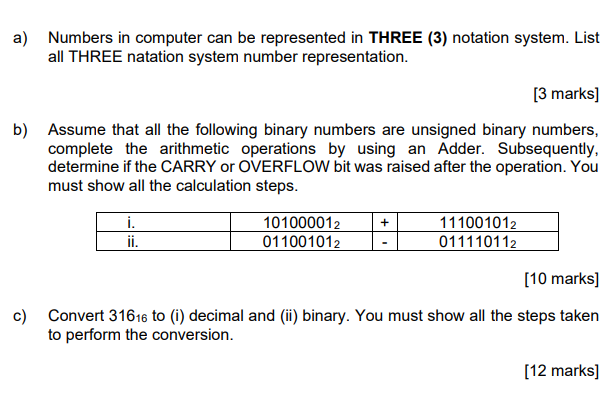 Solved a) ﻿Numbers in computer can be represented in THREE | Chegg.com