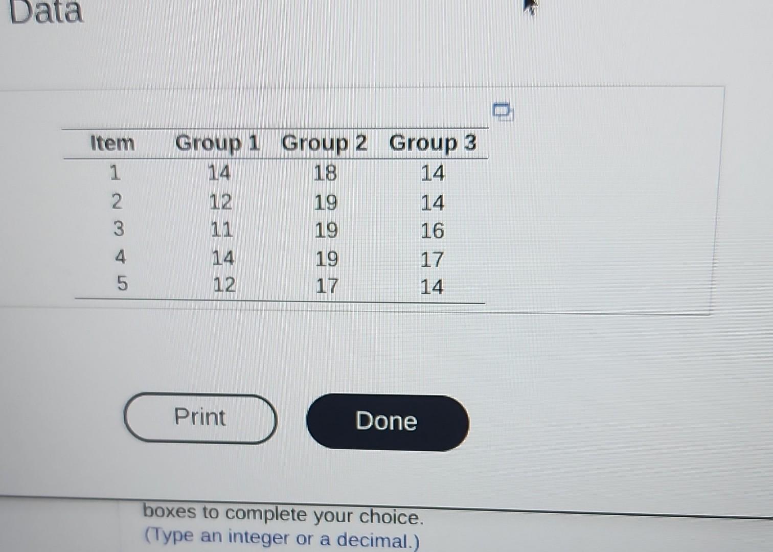 Solved Data \begin{tabular}{cccc} \hline Item & Group 1 & | Chegg.com