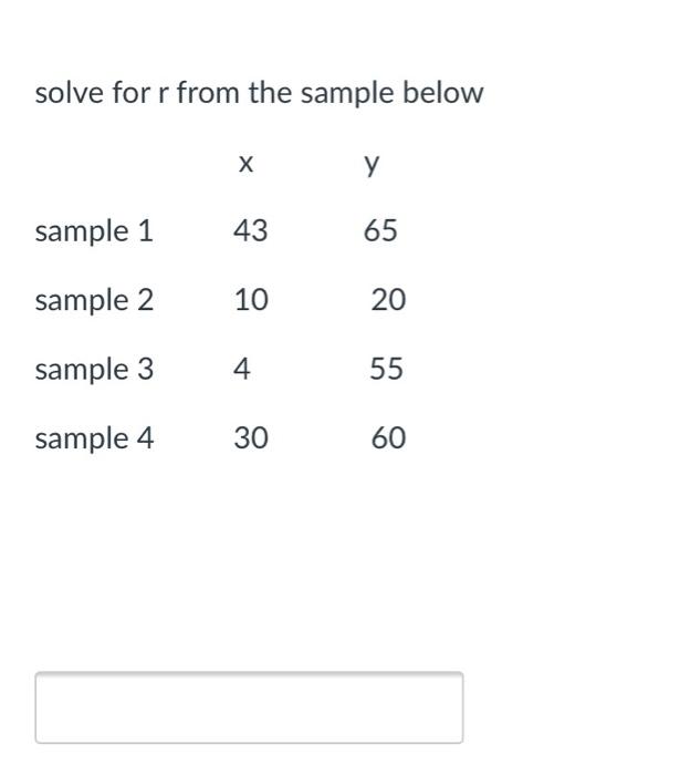 Solved solve for r from the sample below Х y sample 1 43 65 | Chegg.com