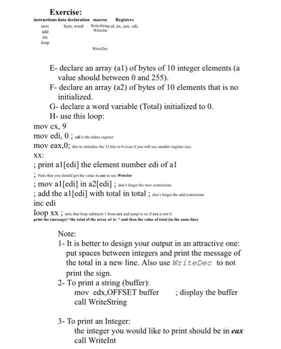 Solved Exercise E Declare An Array A1 Of Bytes Of 10 