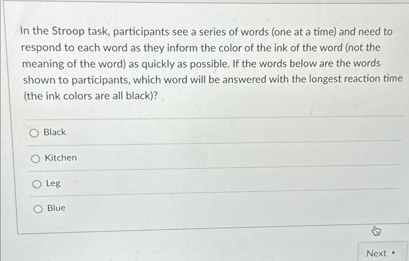 Solved In the Stroop task, participants see a series of | Chegg.com