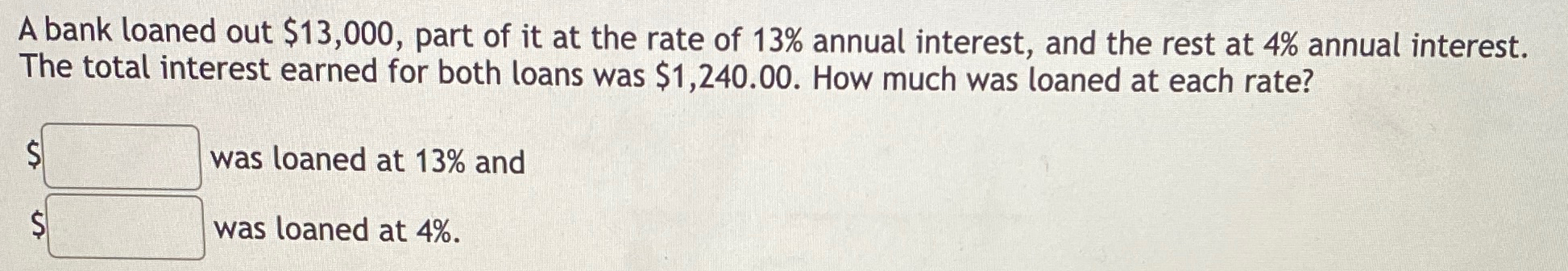 Solved A bank loaned out $13,000, ﻿part of it at the rate of | Chegg.com