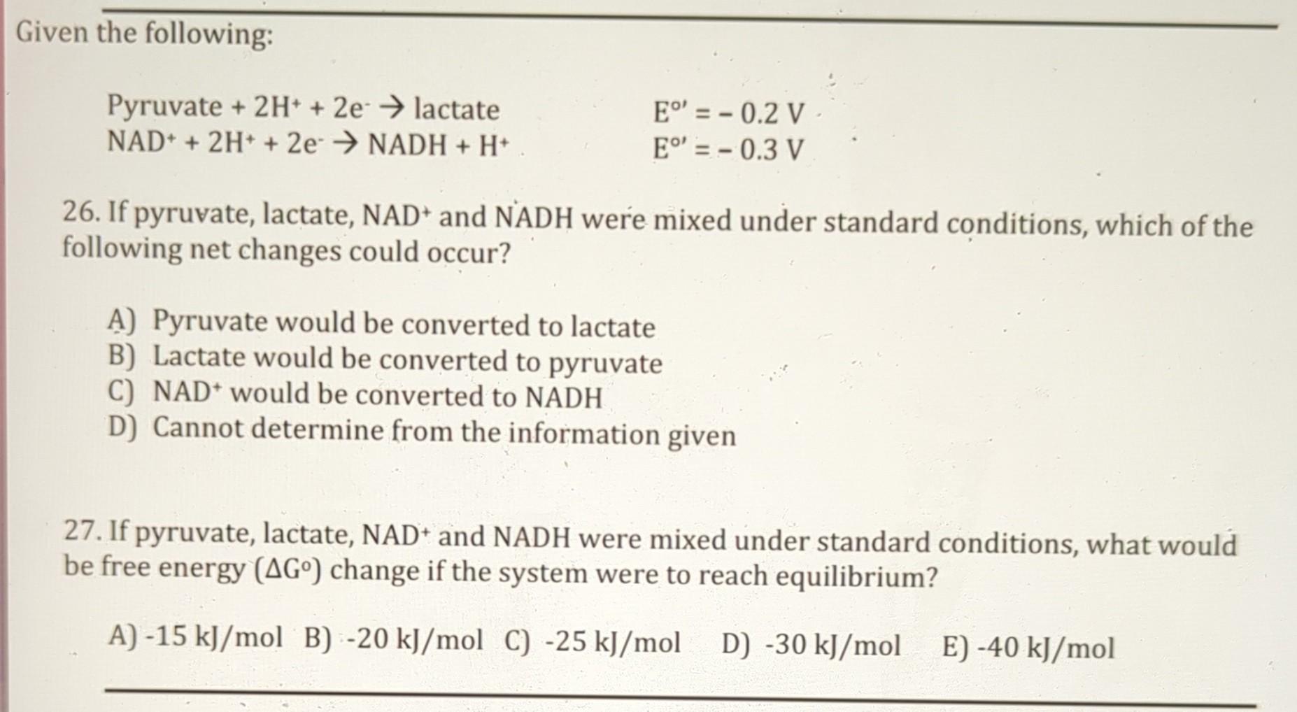 Solved Pyruvate +2H++2e−→ lactate | Chegg.com