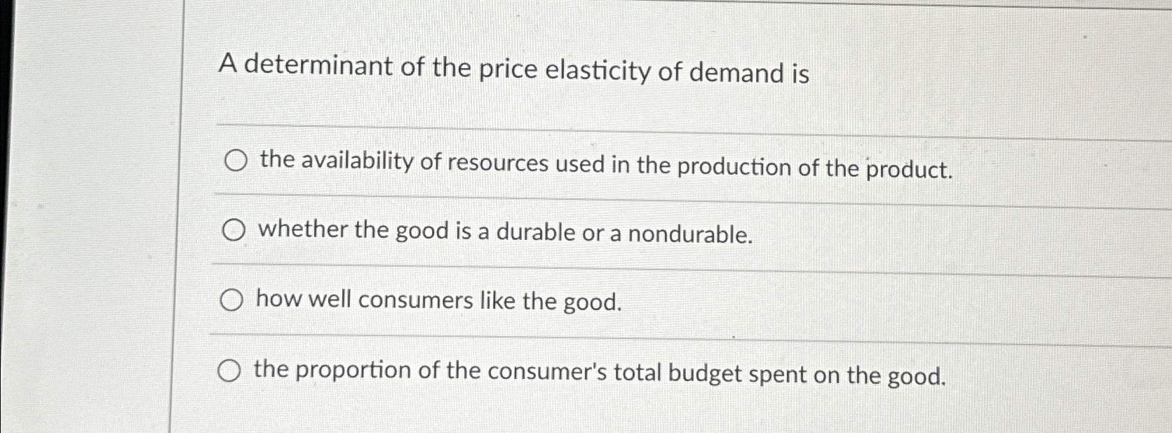 Solved A determinant of the price elasticity of demand | Chegg.com