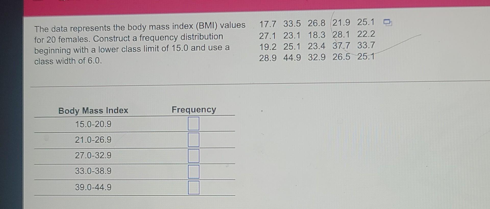 Solved The data represents the body mass index (BMI) values | Chegg.com