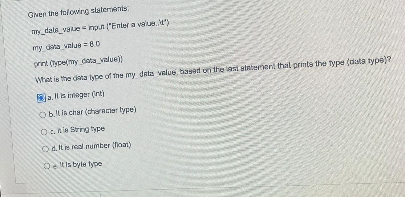 Solved Given the following statements: my_data_value = input | Chegg.com
