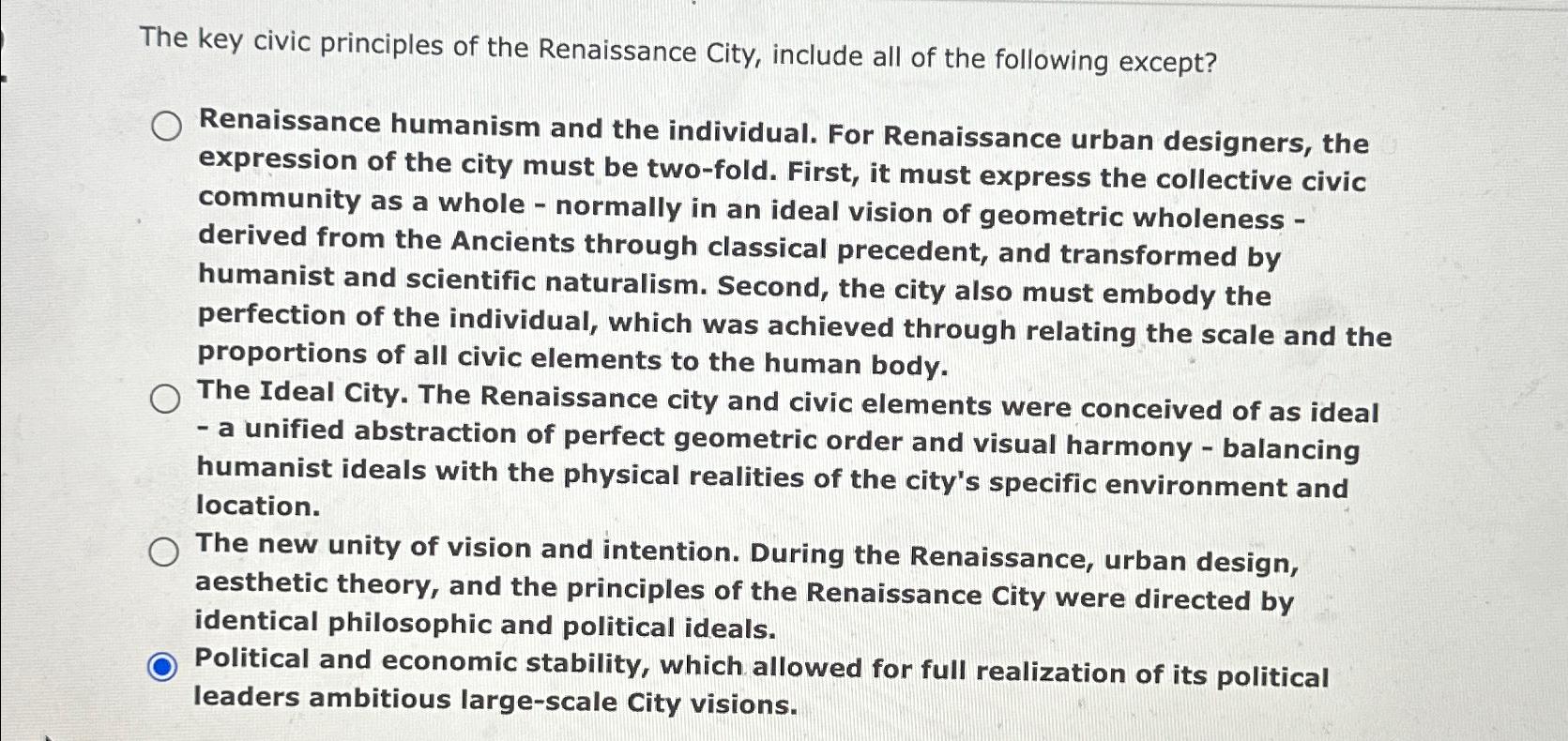Solved The key civic principles of the Renaissance City, | Chegg.com