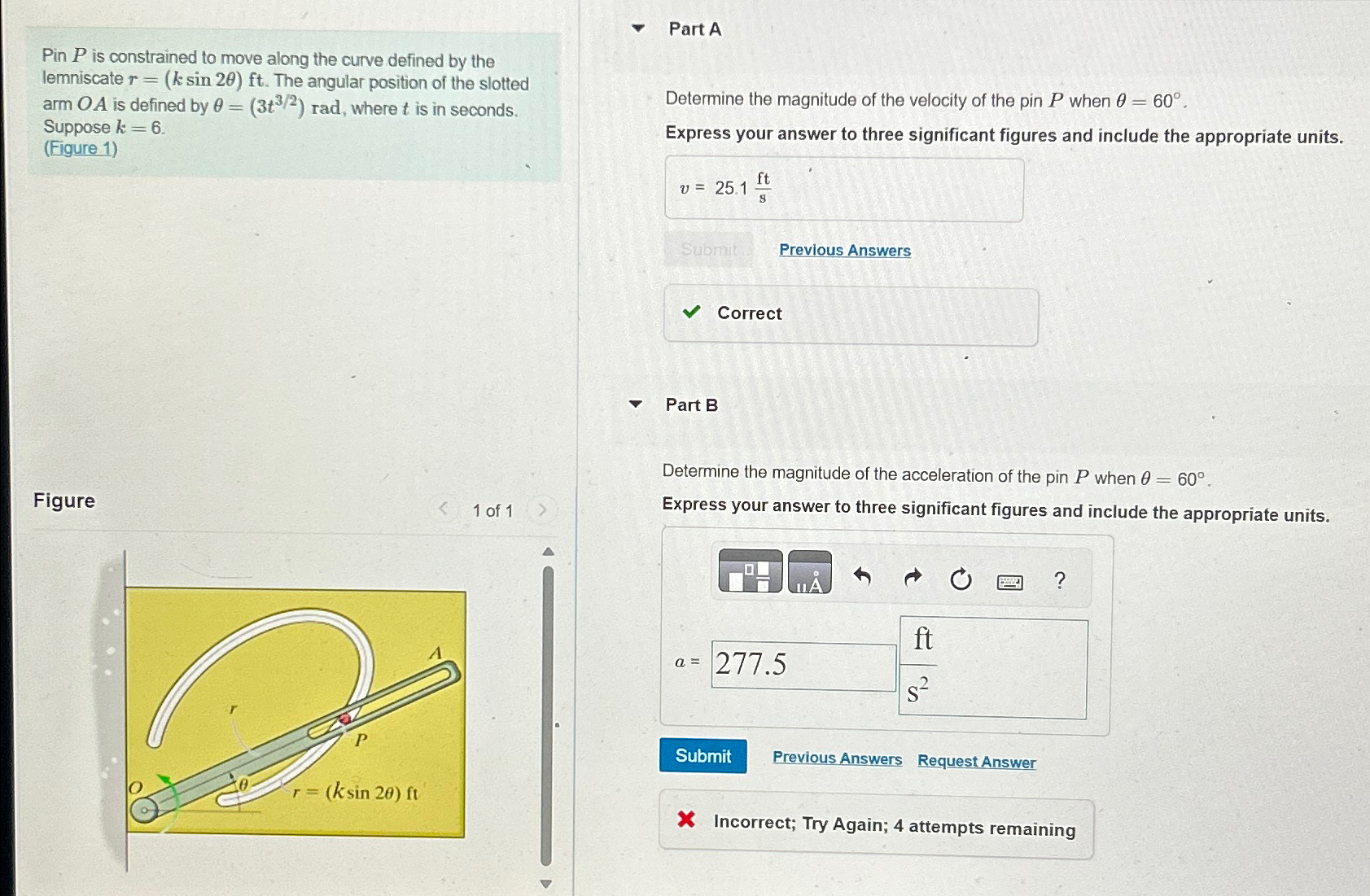 Solved Part APin P ﻿is constrained to move along the curve | Chegg.com
