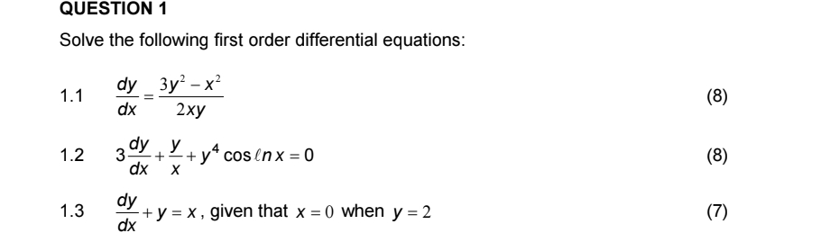 QUESTION 1Solve the following first order | Chegg.com
