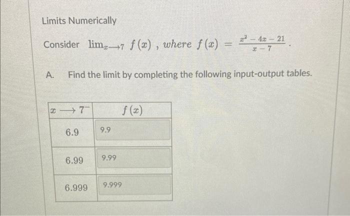 Solved Limits Numerically Consider limx→7f(x), where | Chegg.com