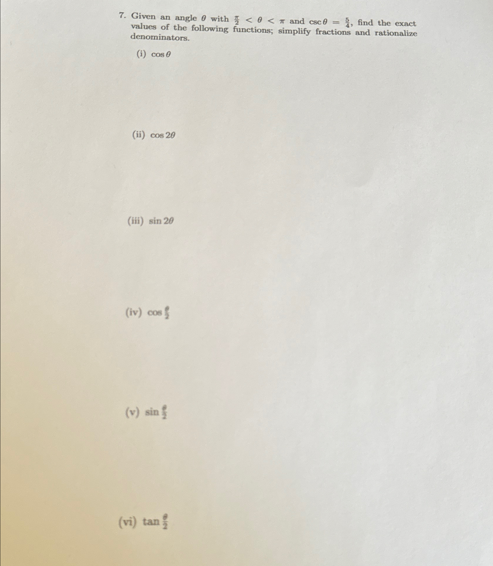 Solved Show all work and do all parts! Given an angle θ | Chegg.com