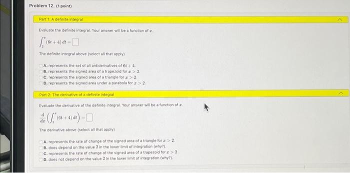 Solved Problem 12. (1 point) Part 1: A definite integral | Chegg.com