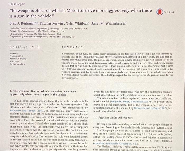 FlashReport The weapons effect on wheels: Motorists | Chegg.com