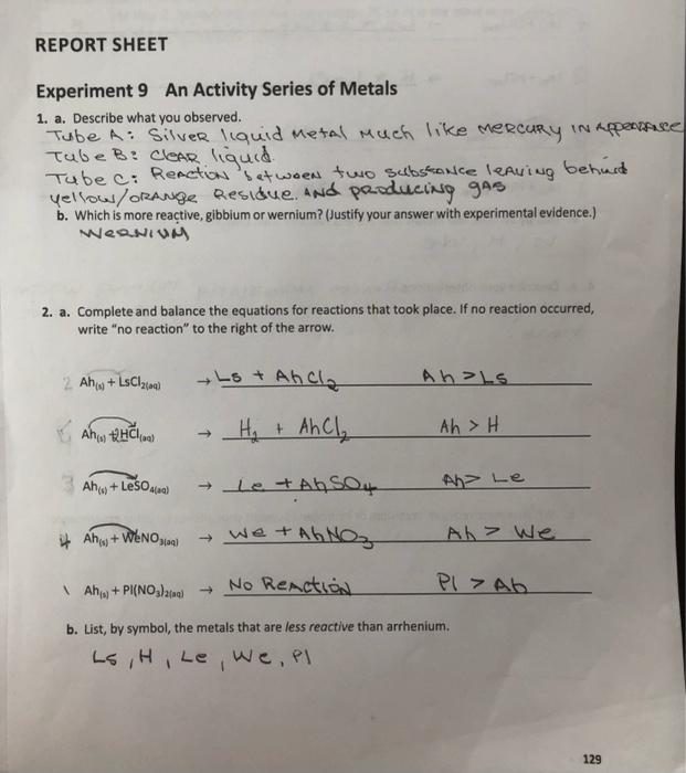 Solved Experiment 9 An Activity Series of Metal. I | Chegg.com