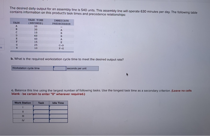 Solved The desired daily output for an assembly line is 540 | Chegg.com