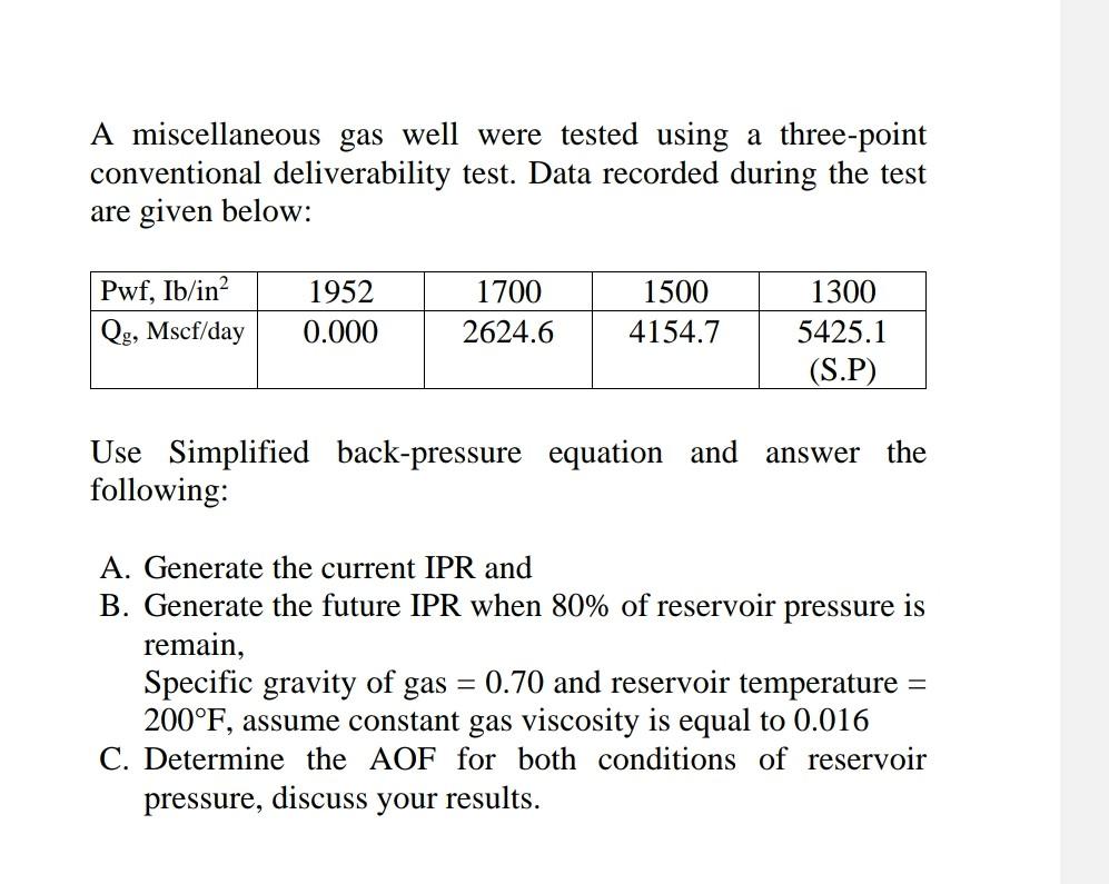 Solved A miscellaneous gas well were tested using a | Chegg.com