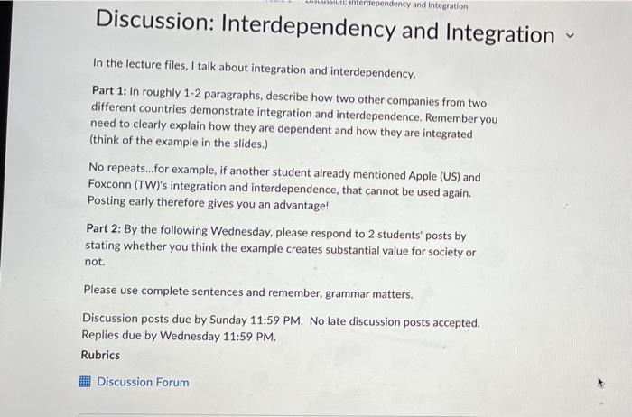 Solved Iscussion: Interdependency and Integrat In the | Chegg.com