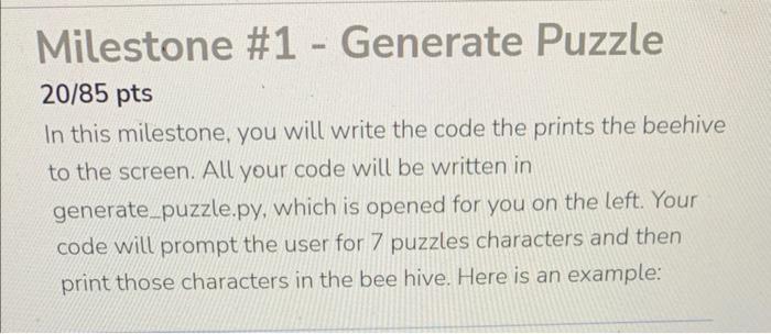 Solved Milestone #1 - Generate Puzzle 20/85 pts In this | Chegg.com