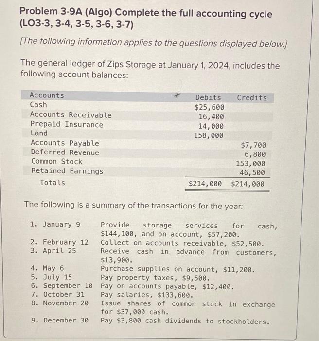 Solved Problem 3-9A (Algo) Complete the full accounting | Chegg.com
