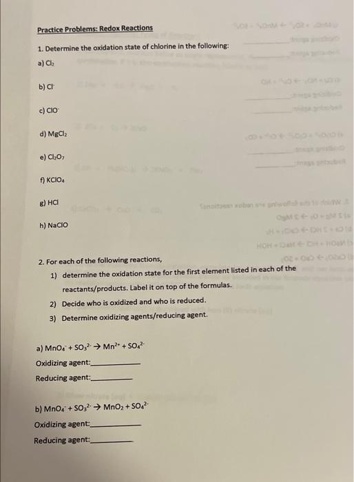Solved Practice Problems: Redox Reactions 1. Determine the | Chegg.com