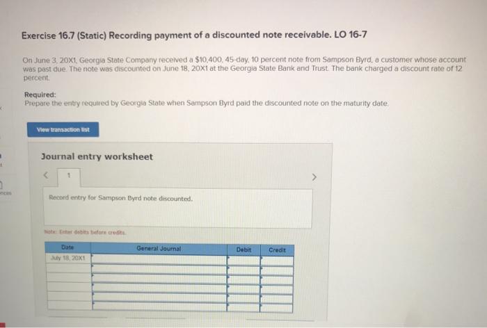 Solved Exercise 16.7 (Static) Recording payment of a | Chegg.com