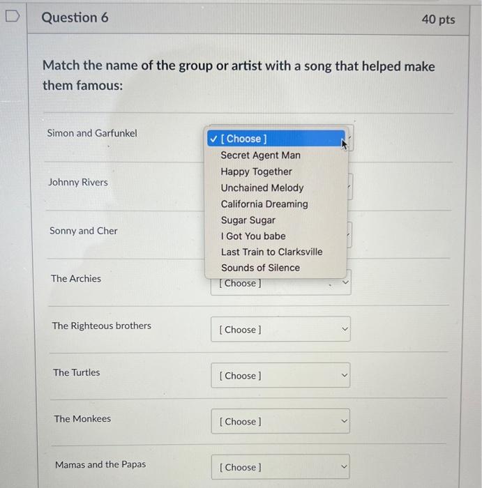 Solved Match the name of the group or artist with a song | Chegg.com
