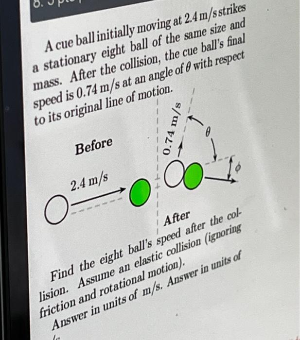 Solved A cue ball initially moving at 2.4 m/s strikes a | Chegg.com