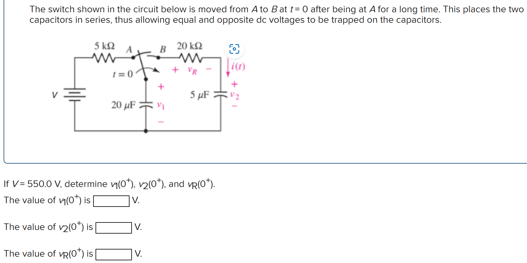 Solved The switch shown in the circuit below is moved from A | Chegg.com