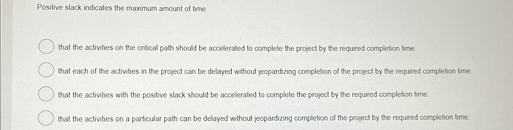 Solved Positive slack indicates the maximum amount of | Chegg.com