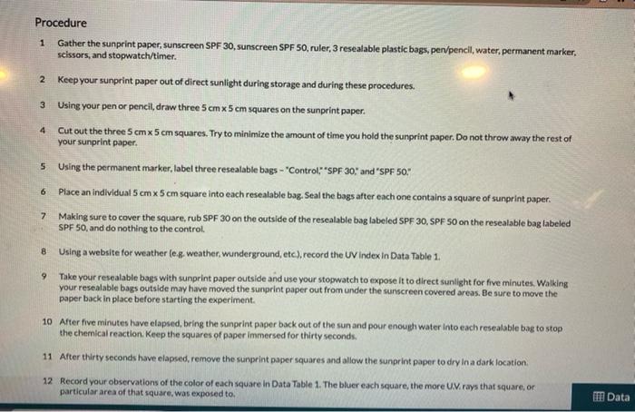 Procedure Gather the sunprint paper, sunscreen SPF | Chegg.com