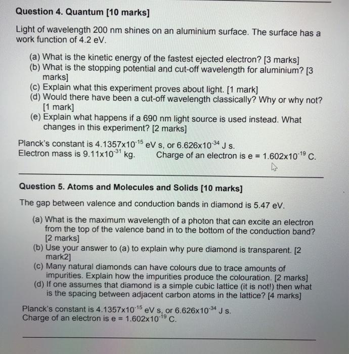 Solved Question 4. Quantum [10 marks] Light of wavelength | Chegg.com