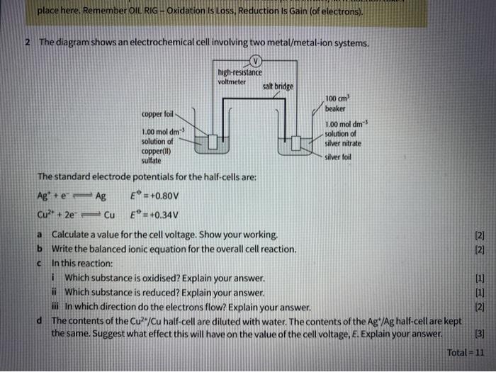 Solved place here. Remember OIL RIG - Oxidation Is Loss | Chegg.com