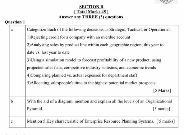 Solved SECTION B Lotal Marks 45 | Answer any THREE (3) | Chegg.com