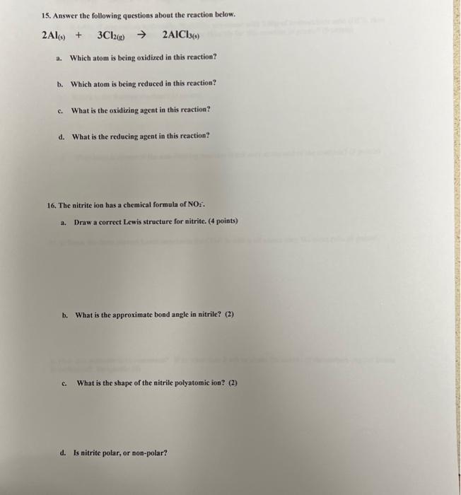 Solved 15. Answer the following questions about the reaction | Chegg.com