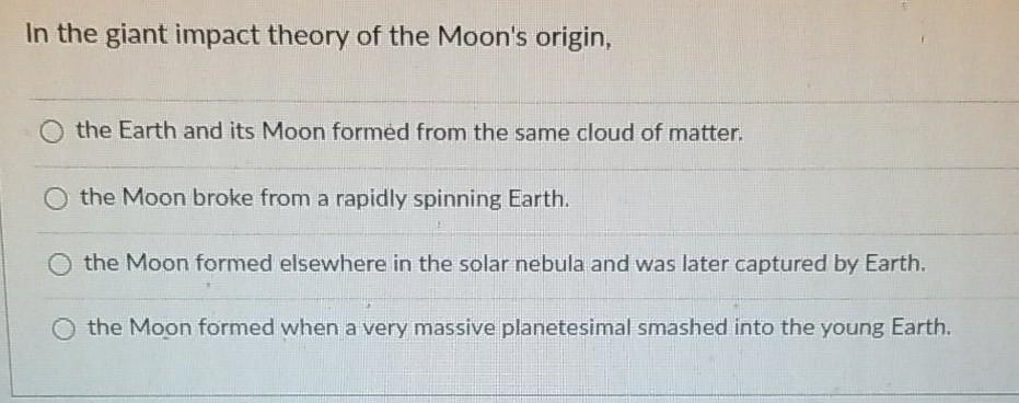 Solved In the giant impact theory of the Moon's origin, the | Chegg.com