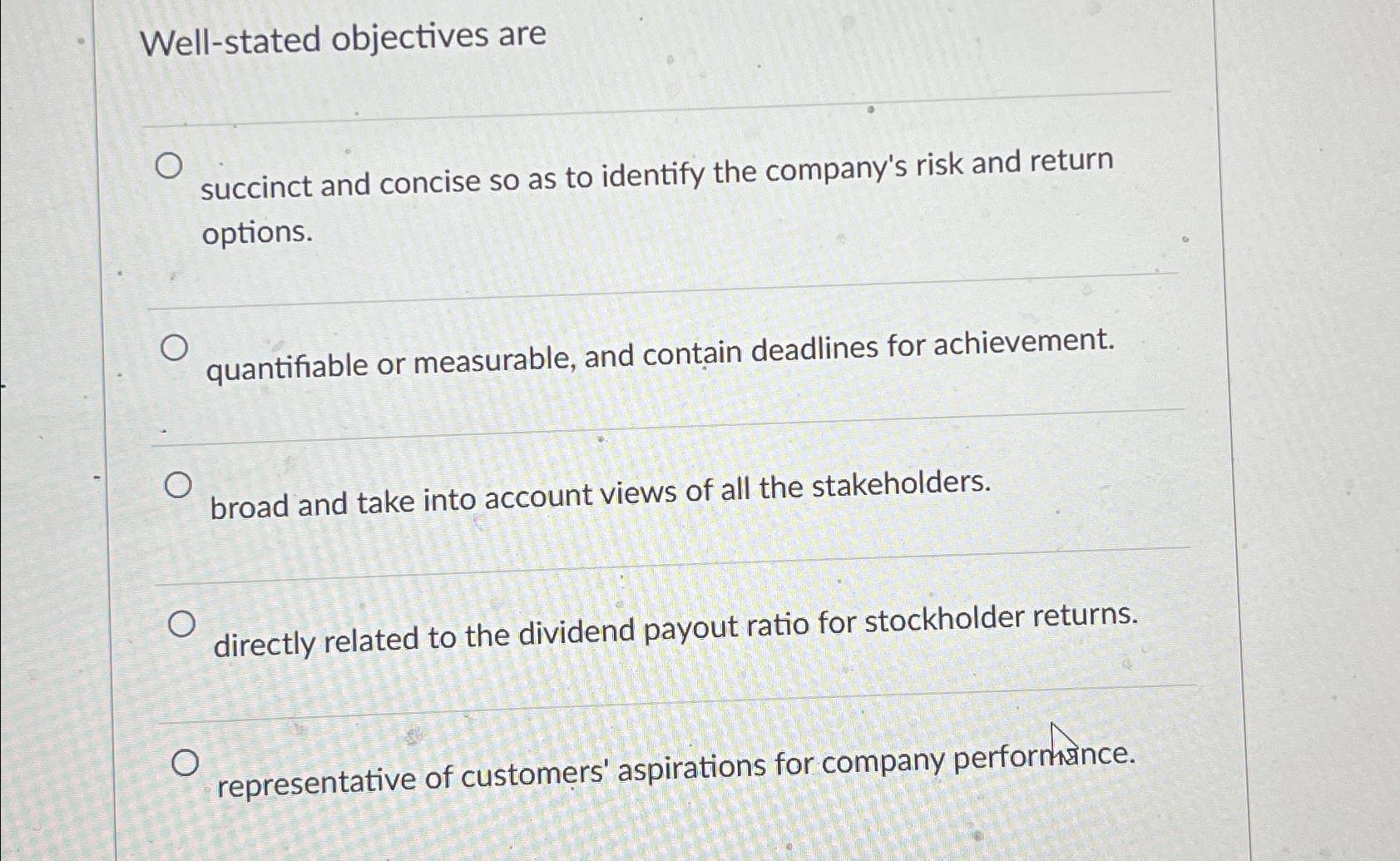 Solved Well-stated objectives aresuccinct and concise so as | Chegg.com