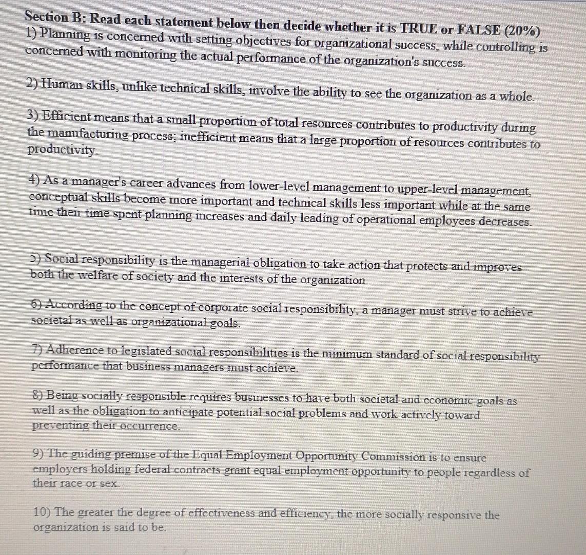 Solved Section B: Read each statement below then decide | Chegg.com