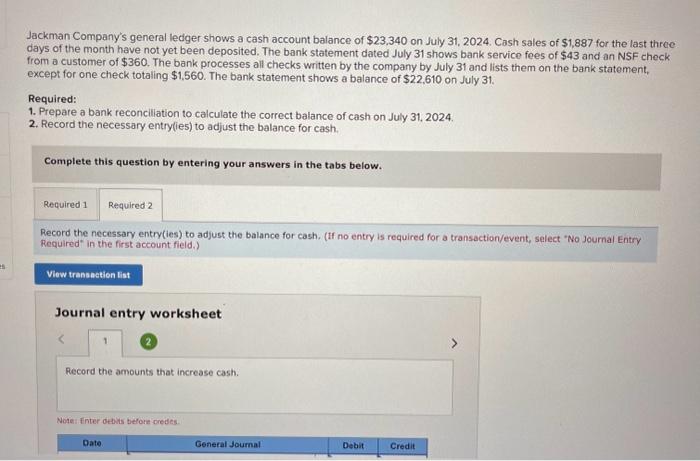 Solved Jackman Company's general ledger shows a cash account | Chegg.com