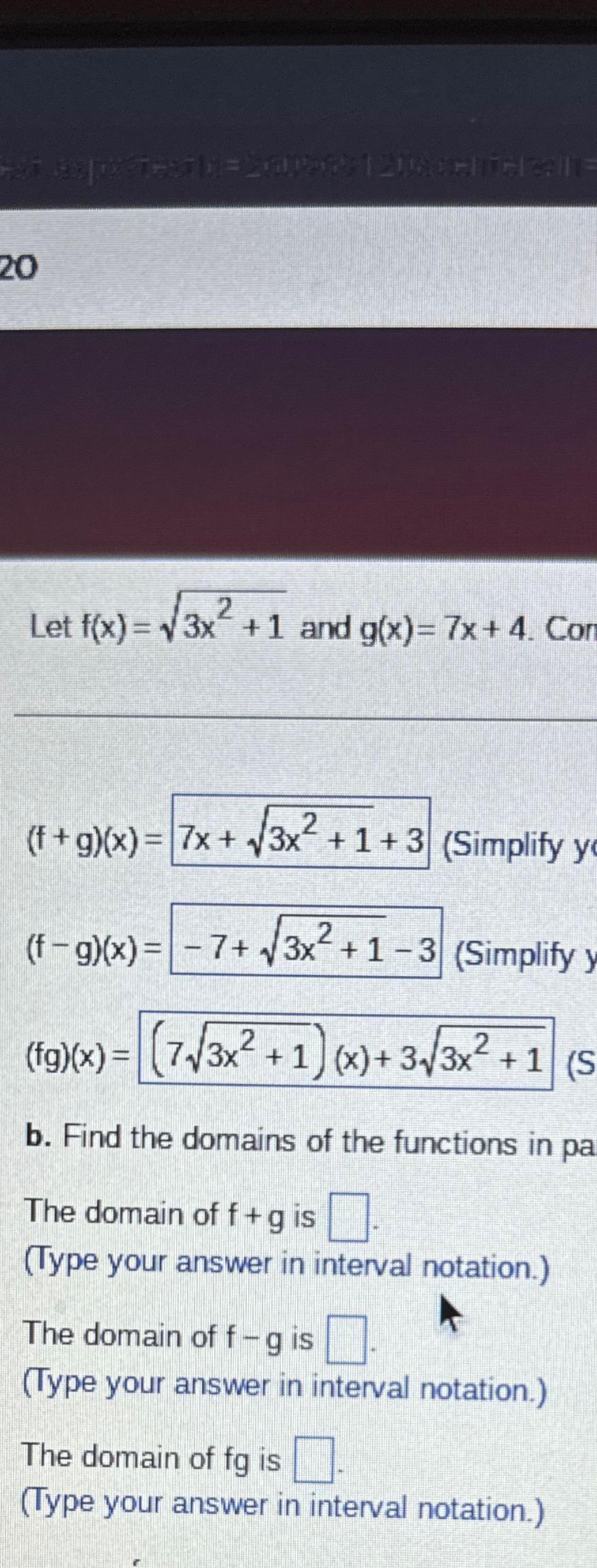 Solved Let f(x)=3x2+12 ﻿and g(x)=7x+4(f+g)(x)=(Simplify | Chegg.com
