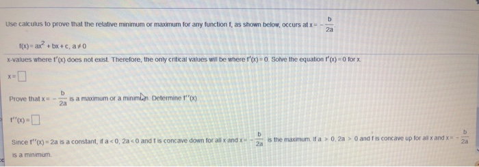 Solved D Use calculus to prove that the relative minimum or | Chegg.com