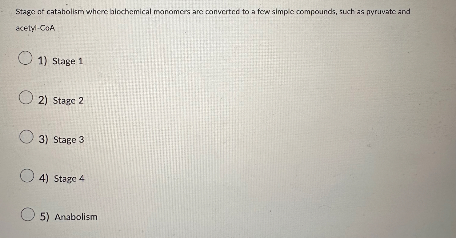Solved Stage of catabolism where biochemical monomers are | Chegg.com
